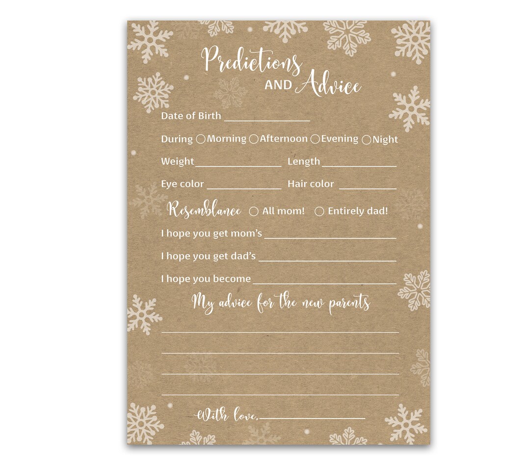 PRINTED Brown Snowflakes Prediction and Advice Cards - Set of 25 - Baby ...