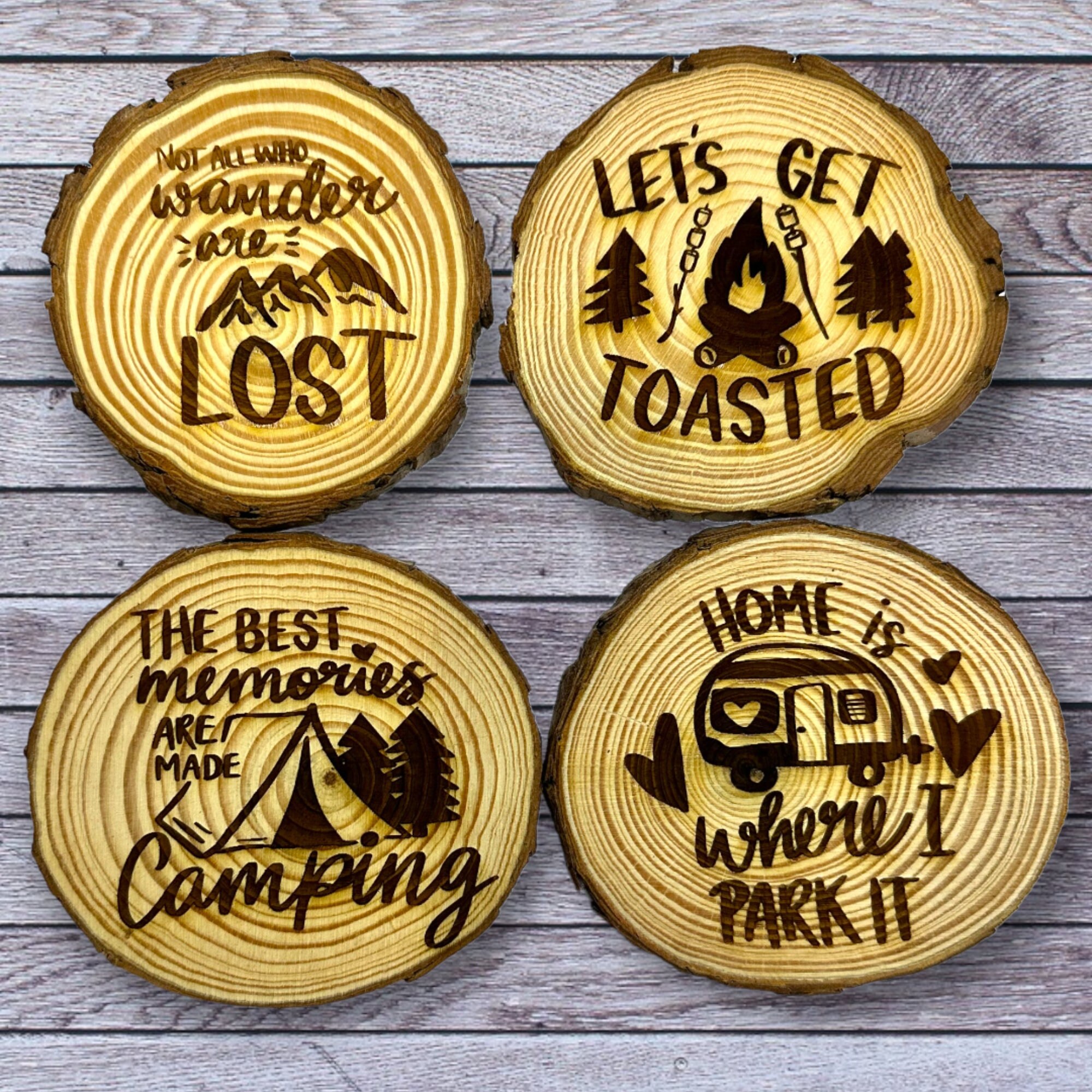 Set of Four Live Edge Wood Camping Coasters Four Different Designs ...