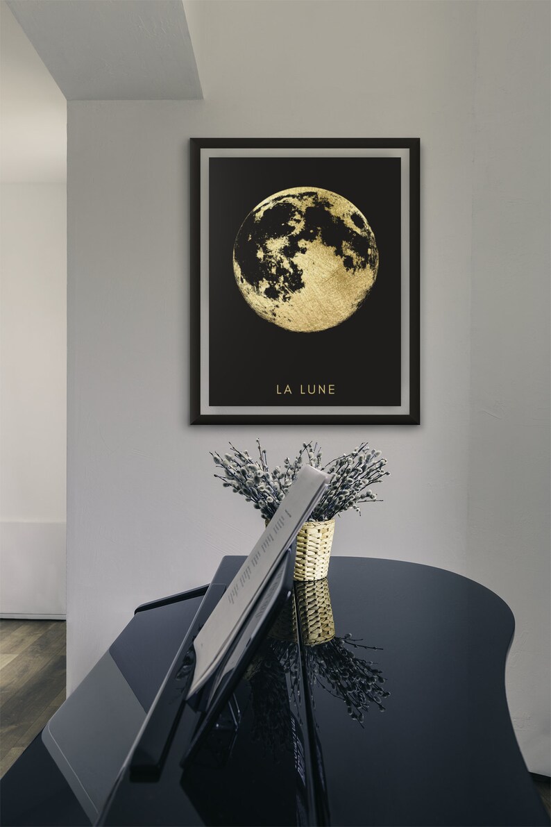 Gold Full Moon Art Print Metallic Gold Print Gold Effect Moon Art Moon ...