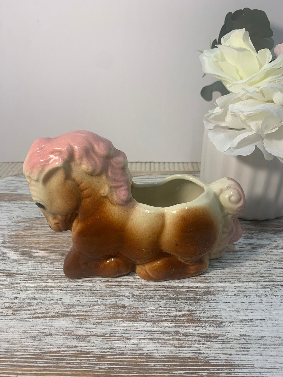 Vintage Pottery Horse MCM Brown With Pink Mane American Bisque - Etsy