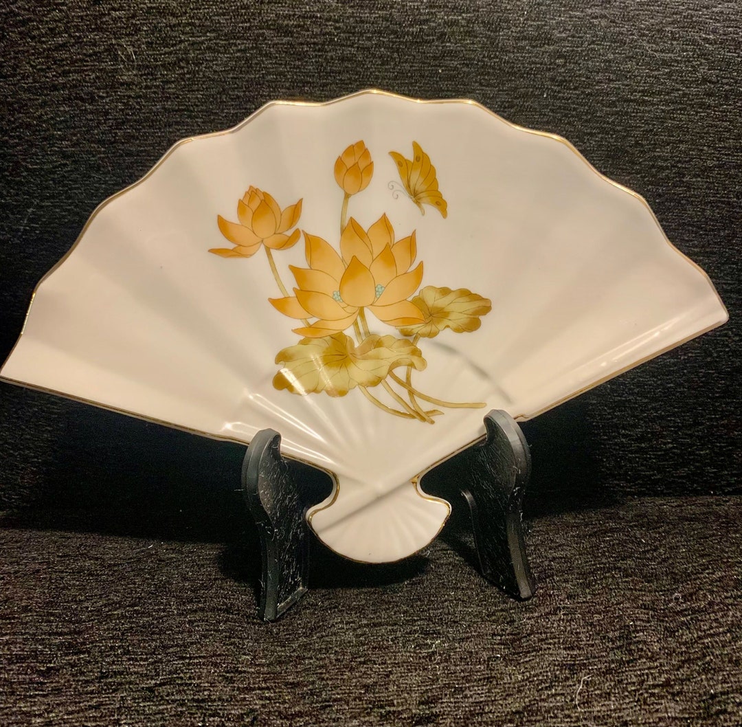 Vintage Retro Fan Shaped Porcelain Dish With Lotus Flower and Butterfly ...