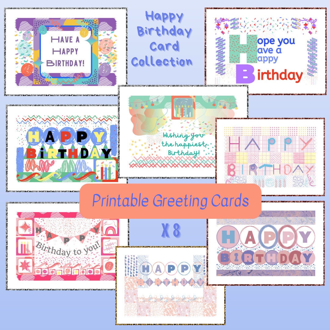 8 Printable Birthday Greeting Cards. Colorful Fun Designs. Bundle for ...