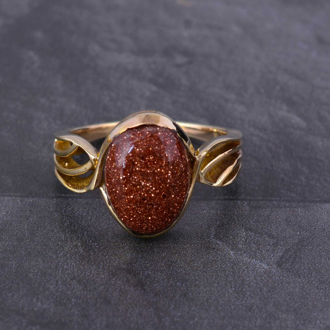 Brown Goldstone Ring, Goldstone Ring, 18k Gold Micron Plated Ring 925 ...
