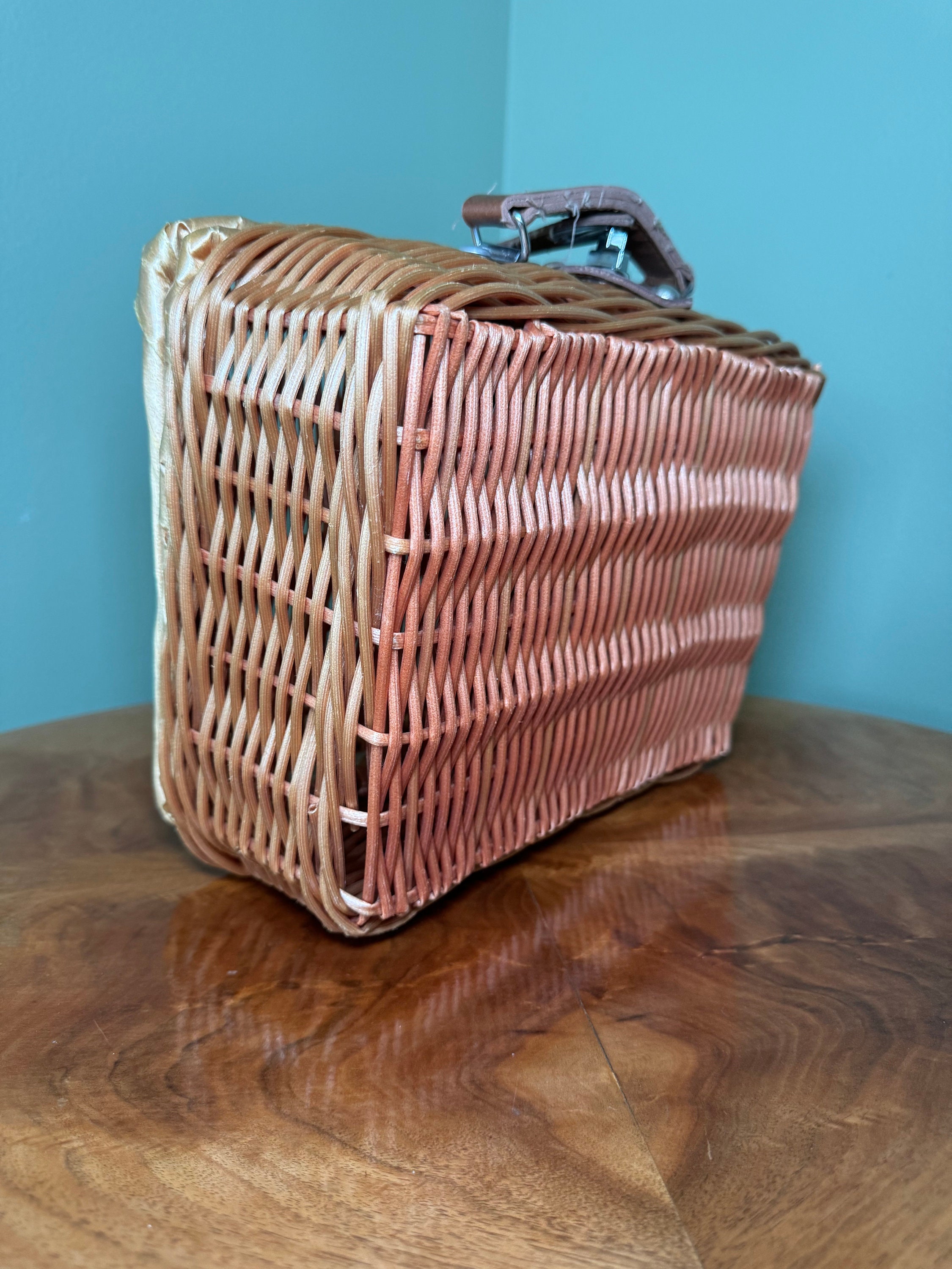 Vintage Wicker Rattan Picnic Basket Lunch Box With Leather Strap - Etsy