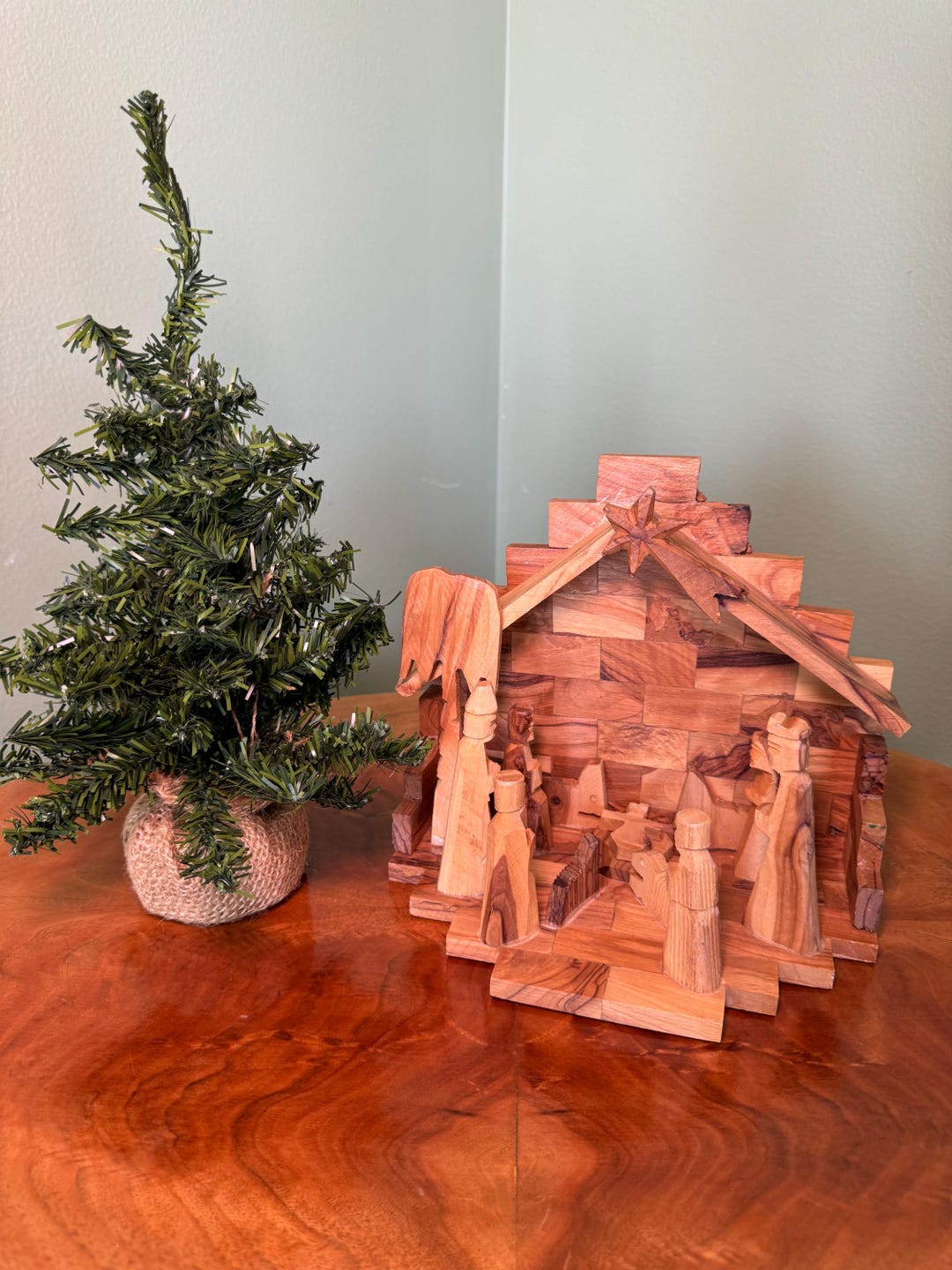 Olive Wood Nativity Set With Hand Carved Stable and Figurines 8 L X 7 H ...