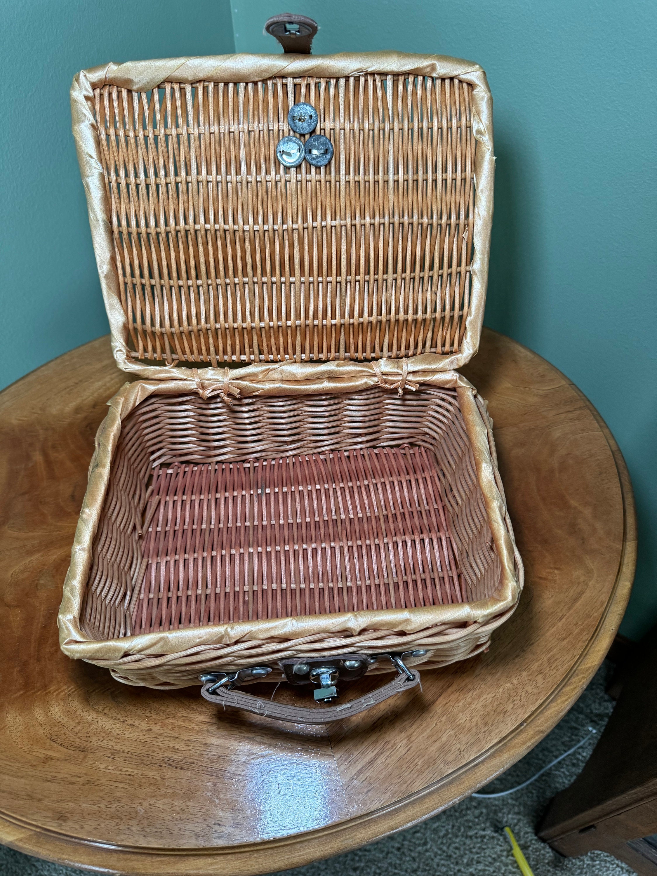 Vintage Wicker Rattan Picnic Basket Lunch Box With Leather Strap - Etsy