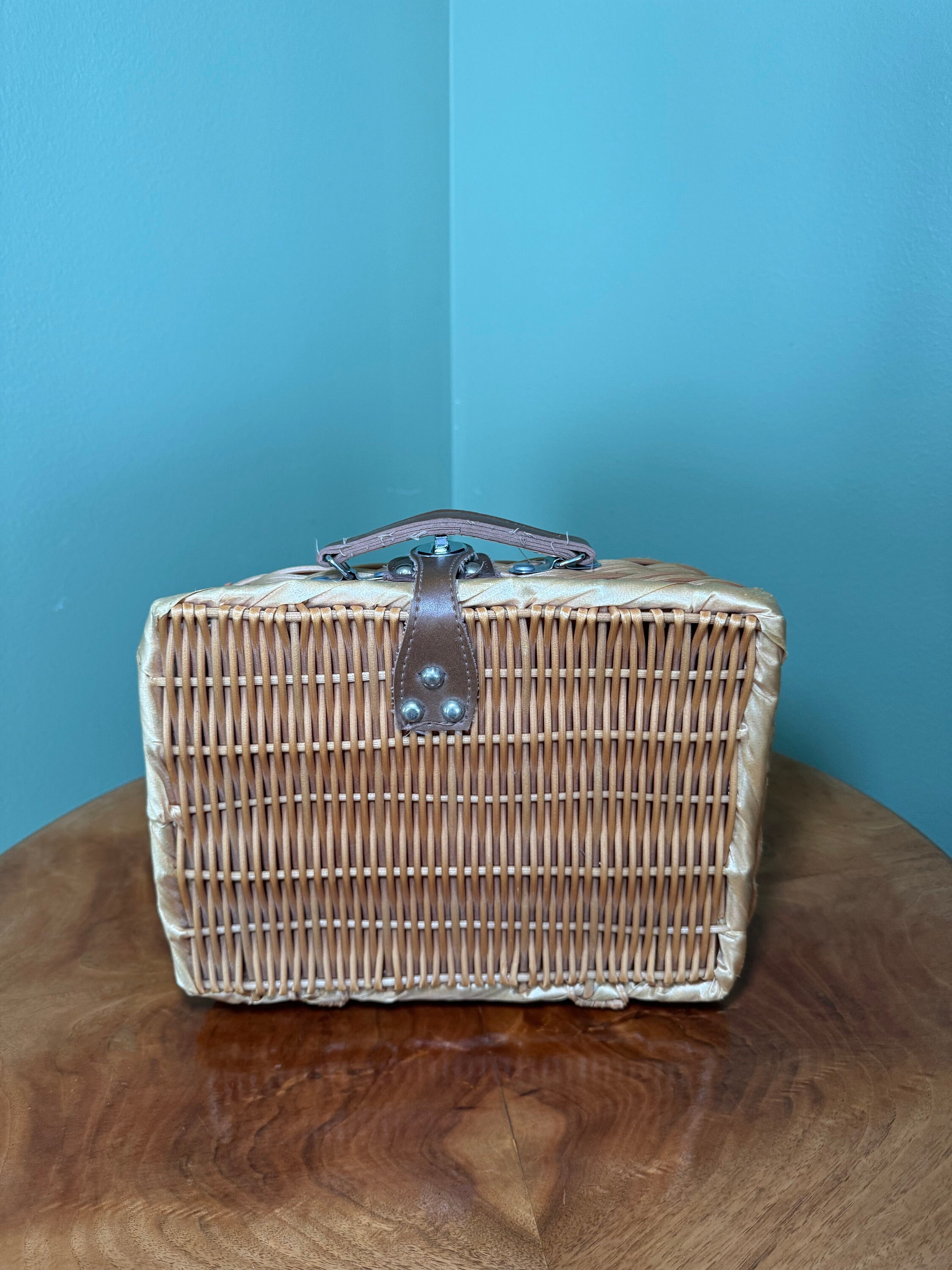 Vintage Wicker Rattan Picnic Basket Lunch Box With Leather Strap - Etsy
