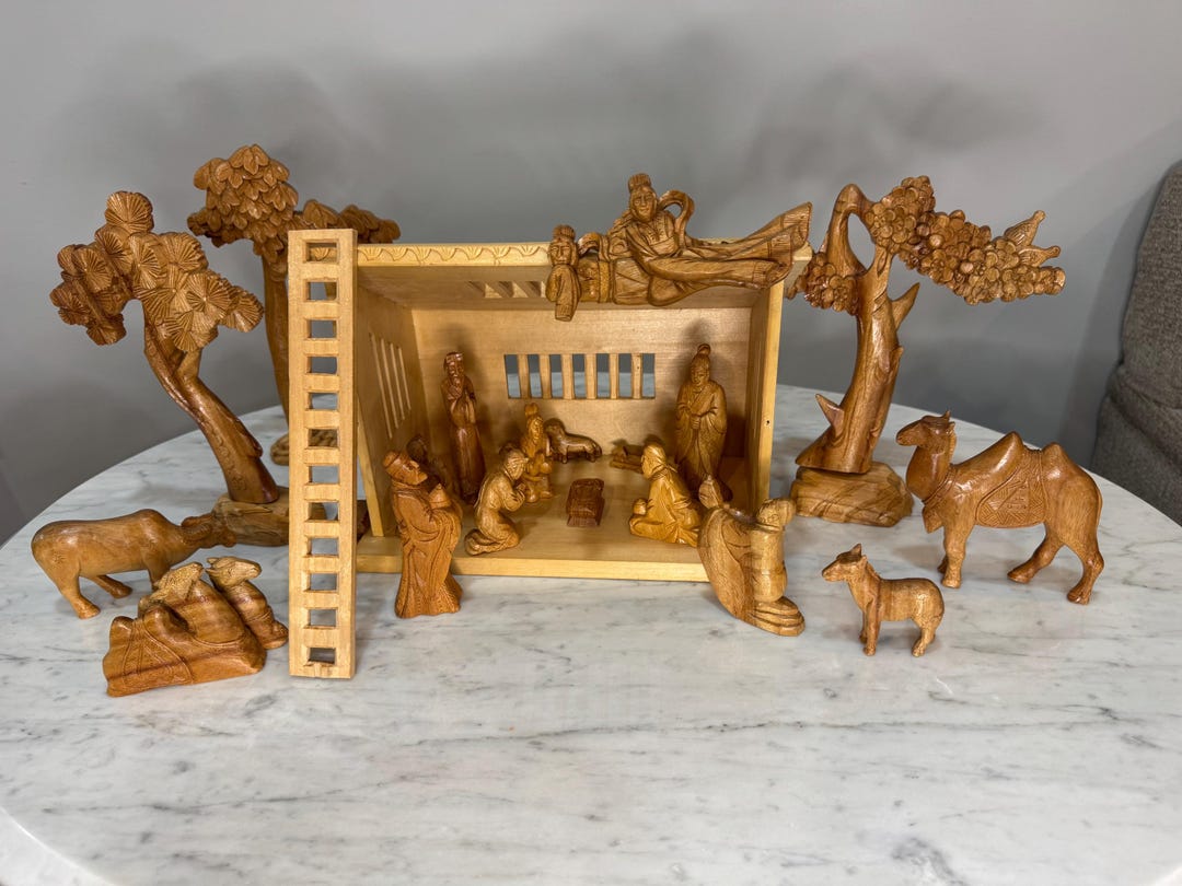 Vintage Hand Carved From Camphor Wood Nativity Set, 22 Piece Set, 4" H ...