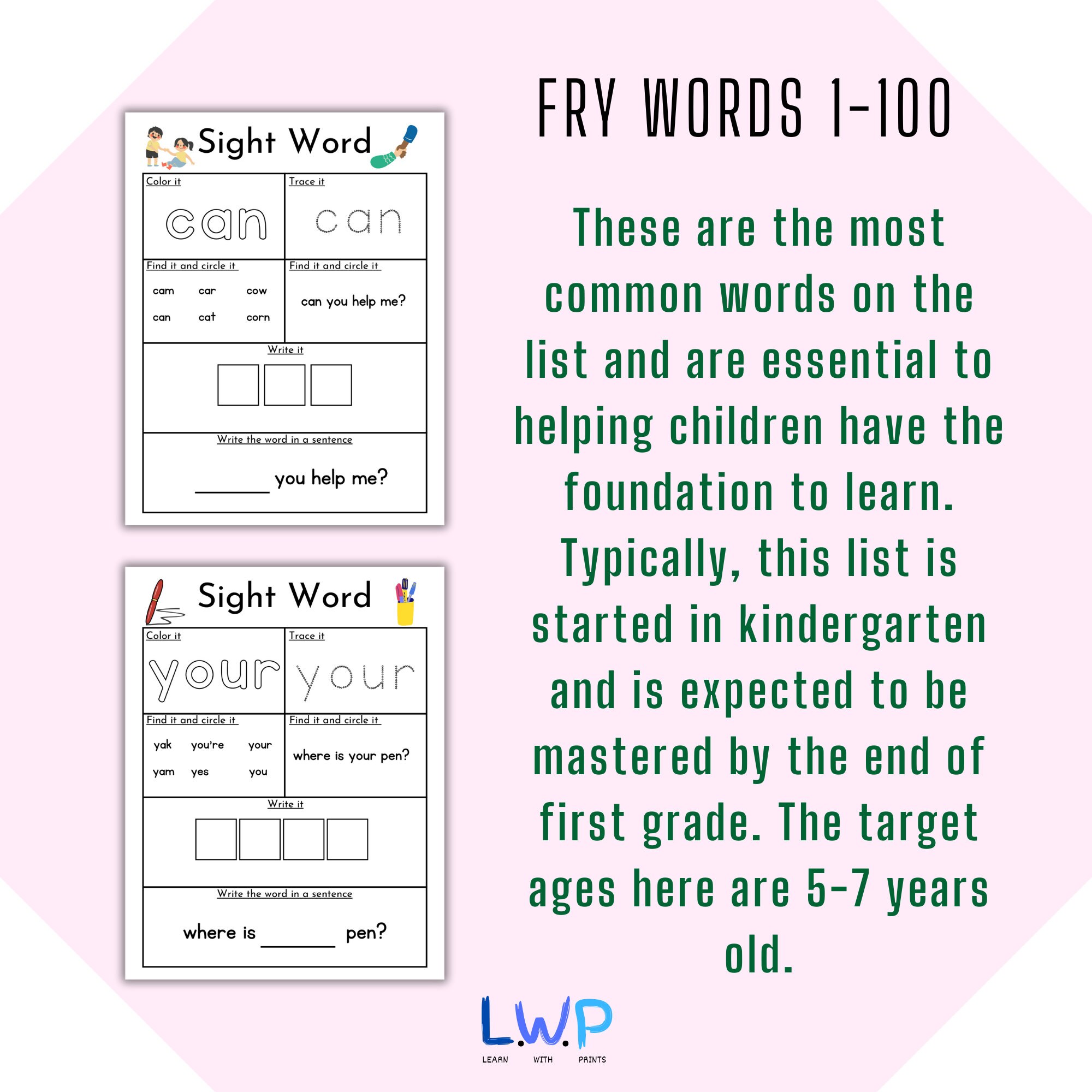 Fry's First 100 Sight Words Worksheets for Kindergarten - Etsy