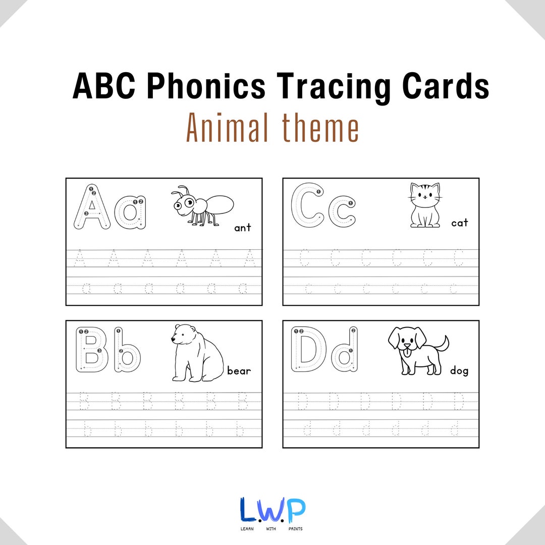 26 ABC Animal Themed Phonics Tracing Cards. Preschool Kindergarten ...