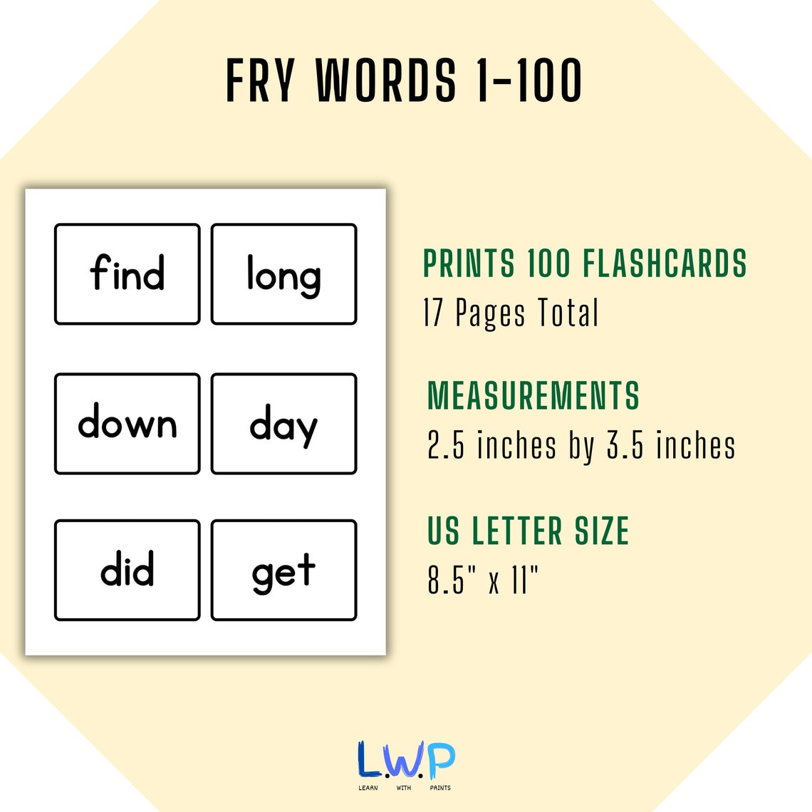 100 Printable Fry's First Hundred Sight Word Flashcards, Kindergarten ...