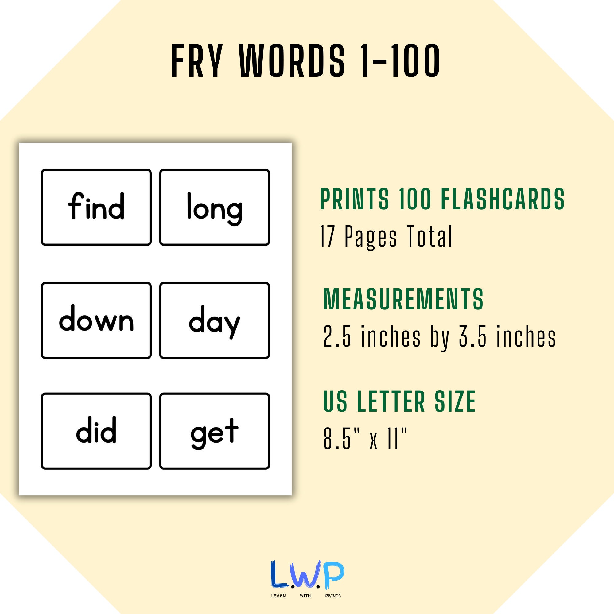 100 Printable Fry's First Hundred Sight Word Flashcards, Kindergarten ...