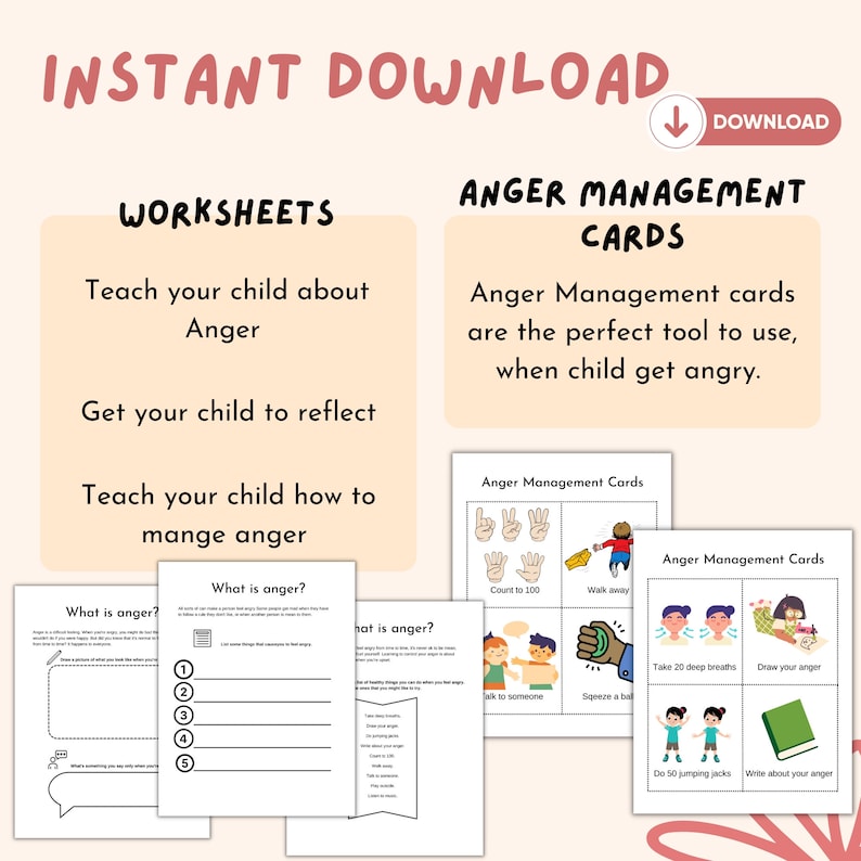 Printable Anger Managment Cards and Worksheet, PDF, Homeschooling - Etsy