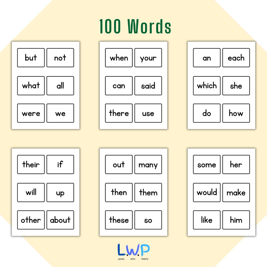 100 Printable Fry's First Hundred Sight Word Flashcards, Kindergarten ...