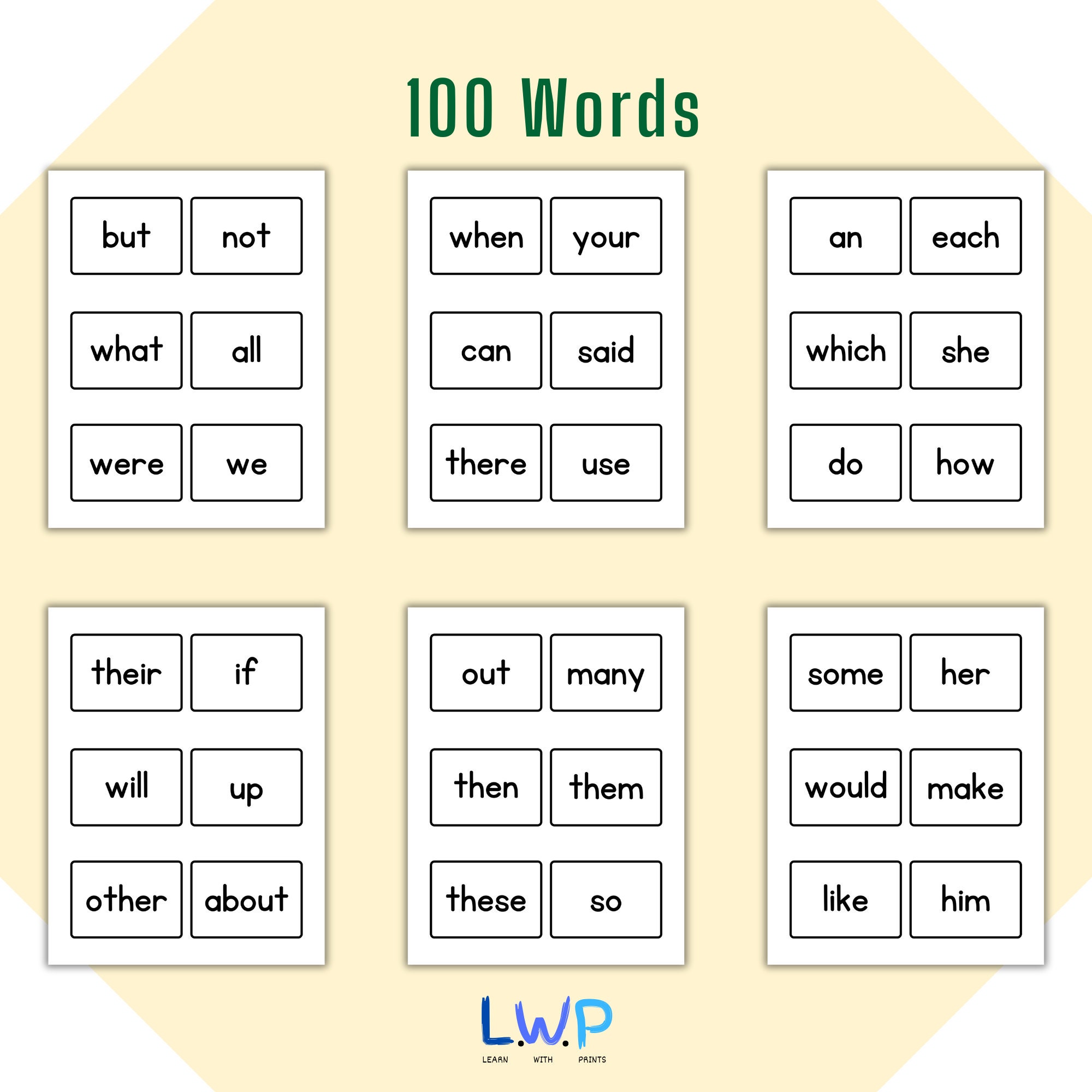 100 Printable Fry's First Hundred Sight Word Flashcards, Kindergarten ...