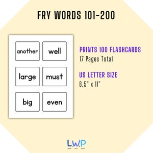 100 Printable Fry's Second Hundred Sight Word Flashcards, Kindergarten ...