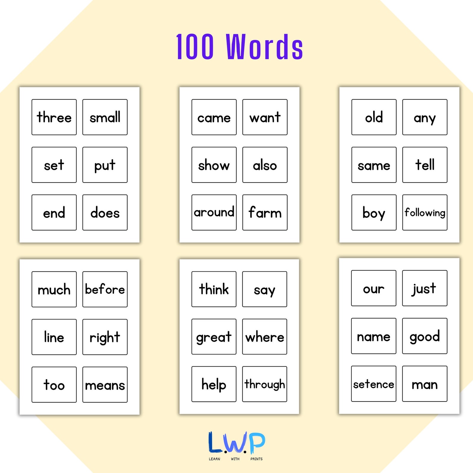 100 Printable Fry's Second Hundred Sight Word Flashcards, Kindergarten ...