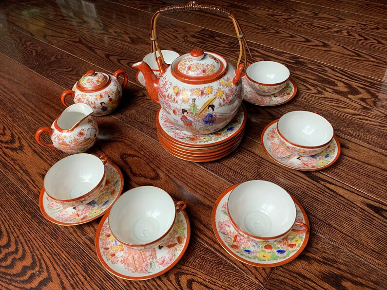 Vintage Japanese Porcelain Tea Set Plates, Tea Pot, Sugar Bowl, Teacups ...
