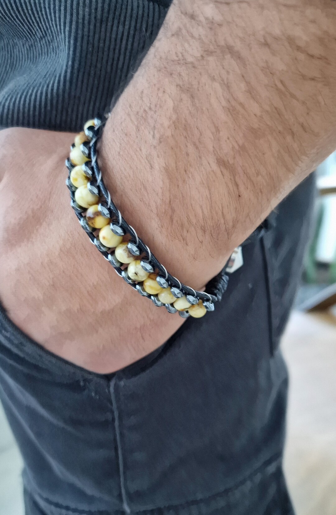 Natural 7mm Cylinder Bracelet Hematite Dots Beautiful Yellow - Etsy