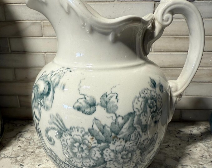 Vintage Floral Ceramic Pitcher – Large White & Green Transferware Jug ...