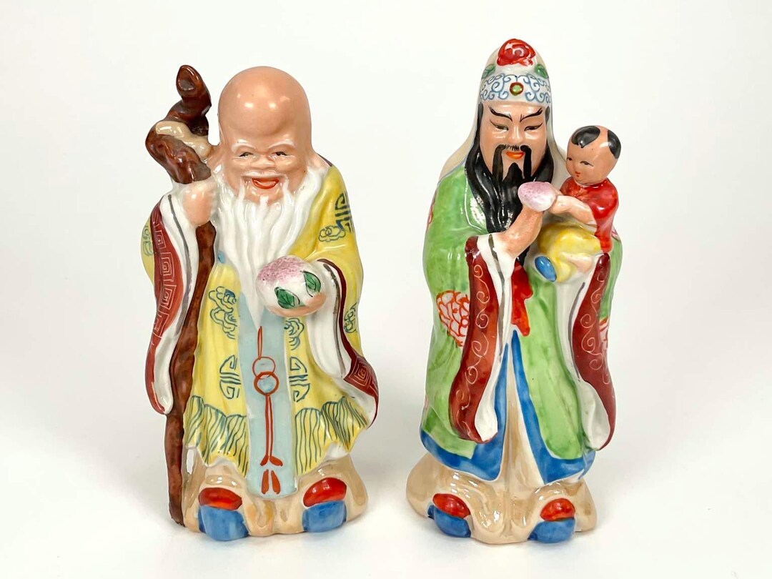 Vintage Chinese Fu Lu Shou Porcelain Figurines – Hand-painted Immortals ...
