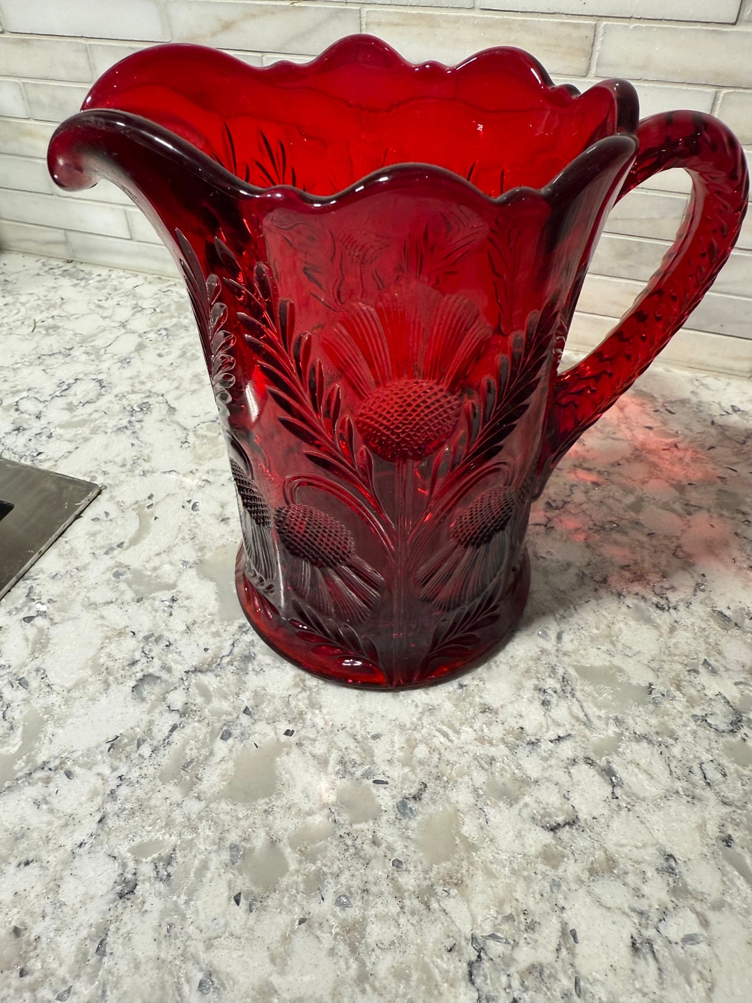 Vintage Ruby Red Glass Pitcher Embossed Floral Thistle Design, Elegant ...