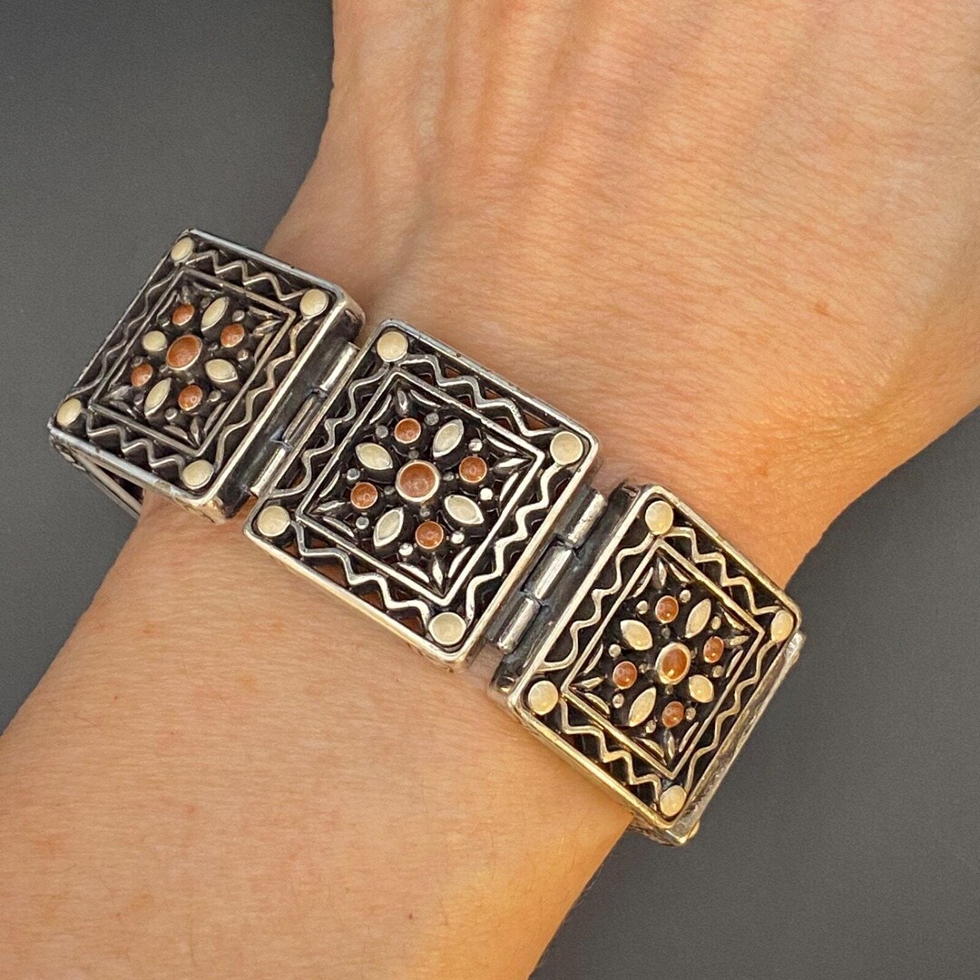Signed BRIGHTON Six Square Silver Plate Brown White Enamel Panels Clasp ...