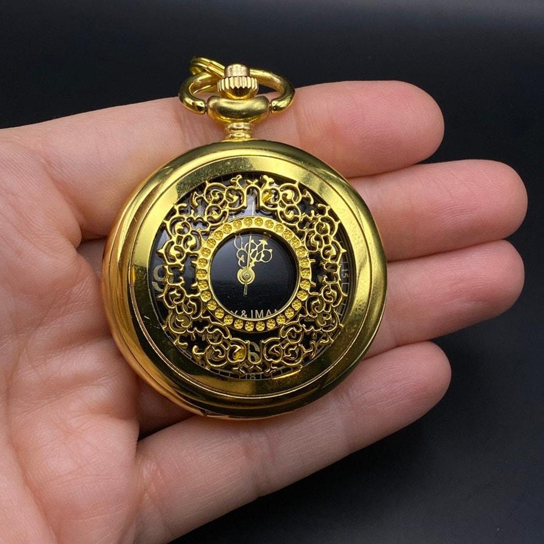 Vintage JOY & IMAN Pocket Watch Filigree Window Gold Tone - New Battery ...