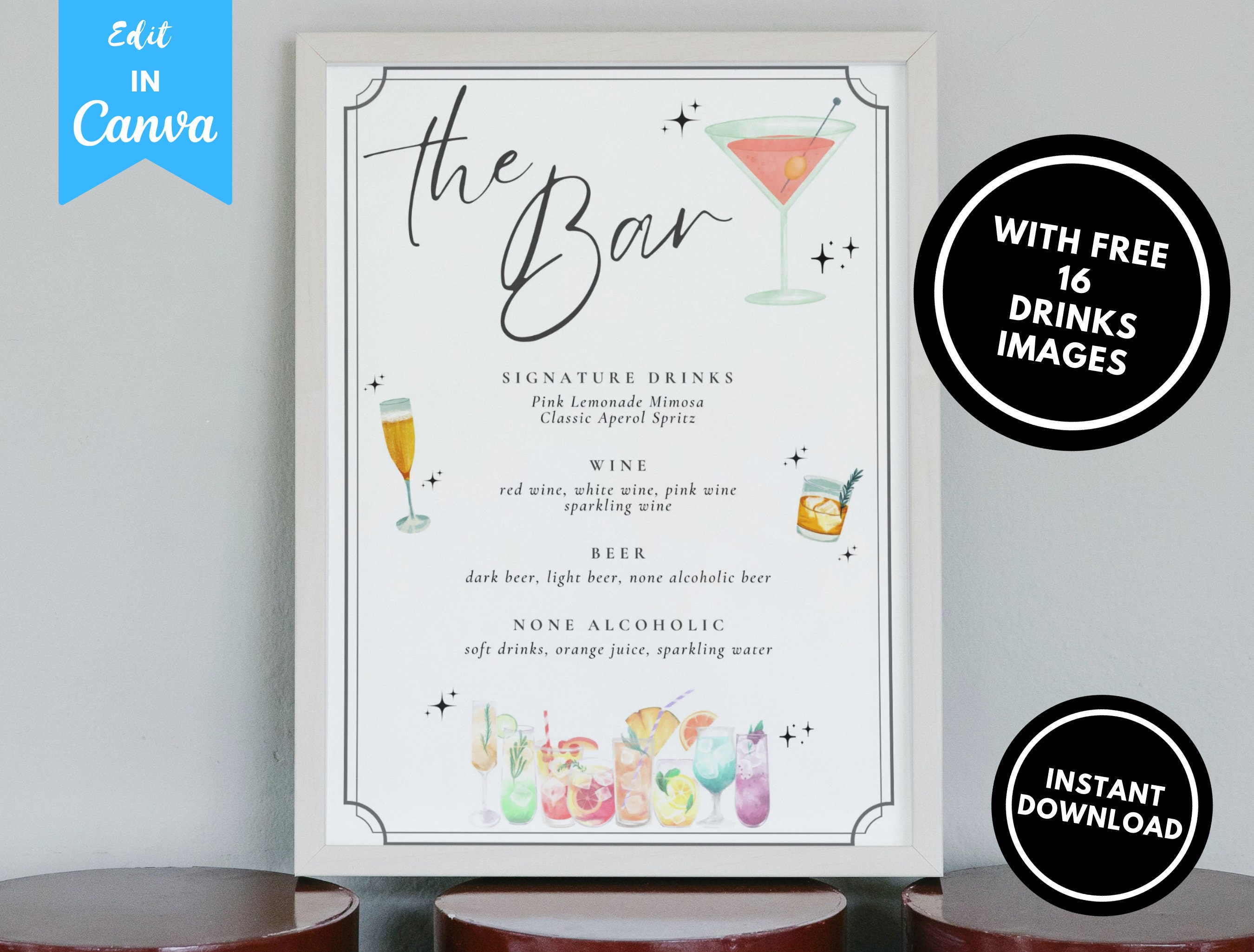 Bar Menu Template, Modern Editable Drink Menu, Minimalist Printable Bar ...