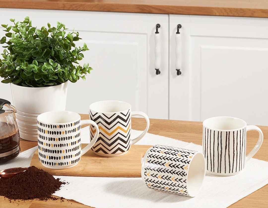 11 Oz 4x Porcelain Coffee Mug Set With Stand, Porcelain Coffee Cup Set ...