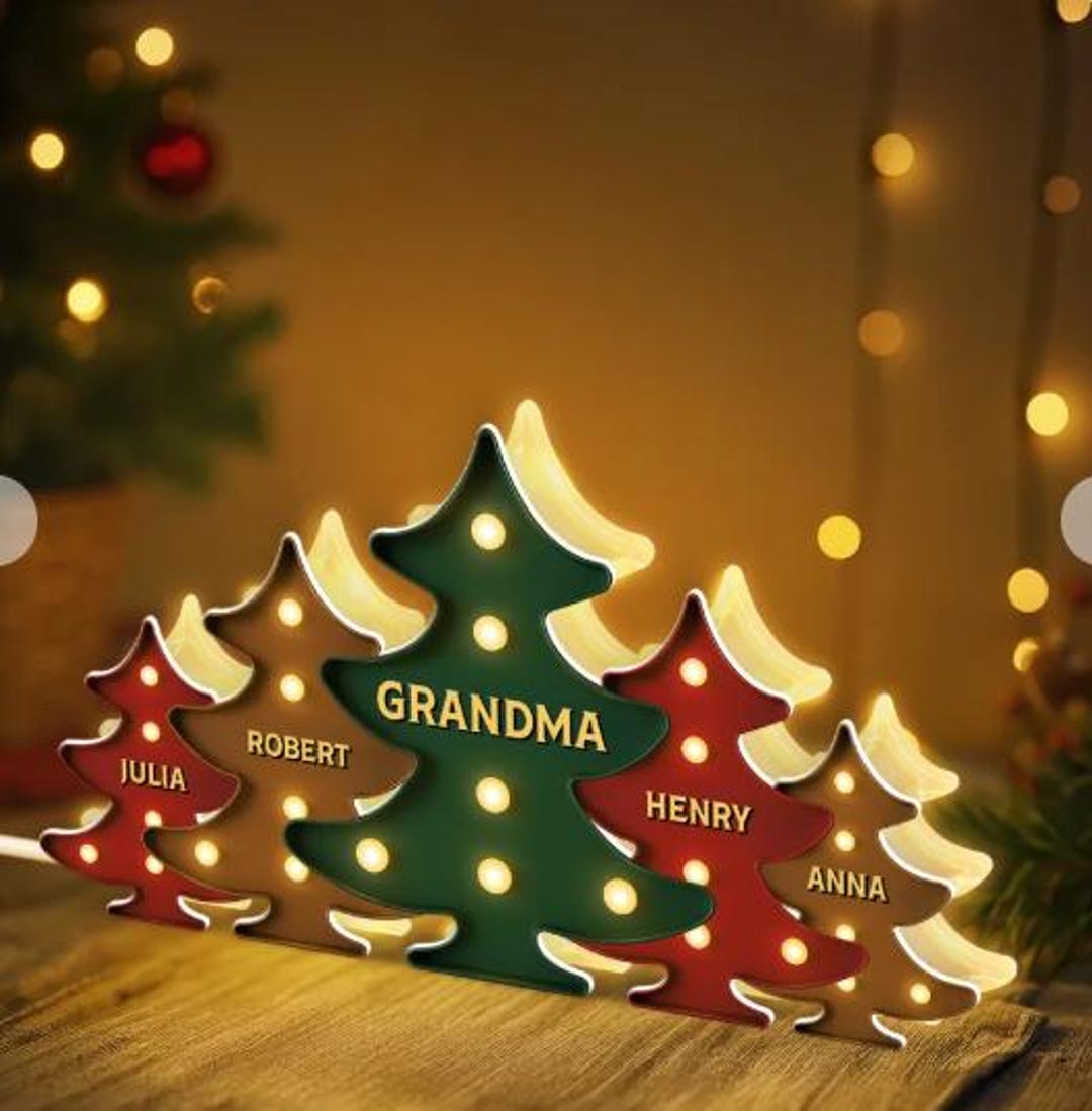 Retro Vintage Christmas Tree Grandma Grandkids, Personalized LED Light ...