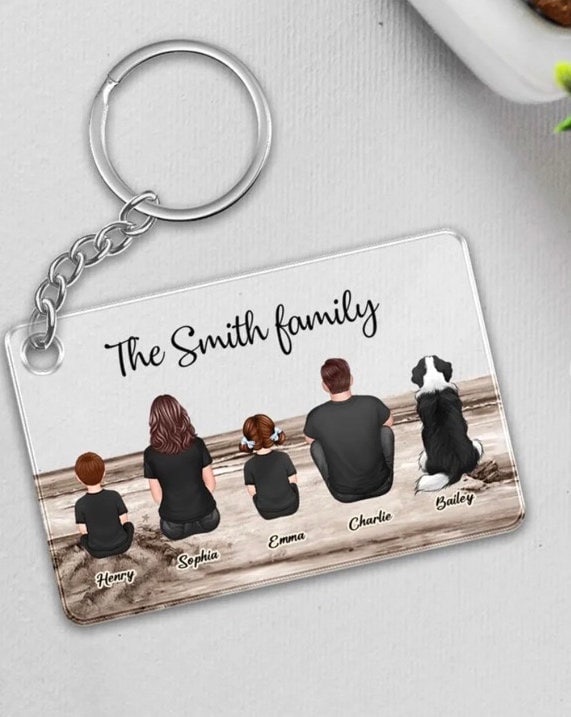 Family Sitting Back View Vintage Background Acrylic Keychain, Father's ...