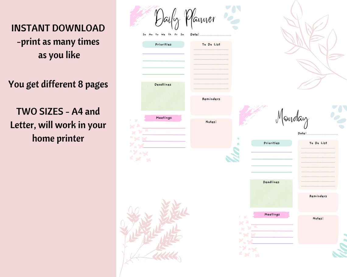 EDITABLE DAILY PLANNER Printable Daily Planner Work Day Diary Insert ...