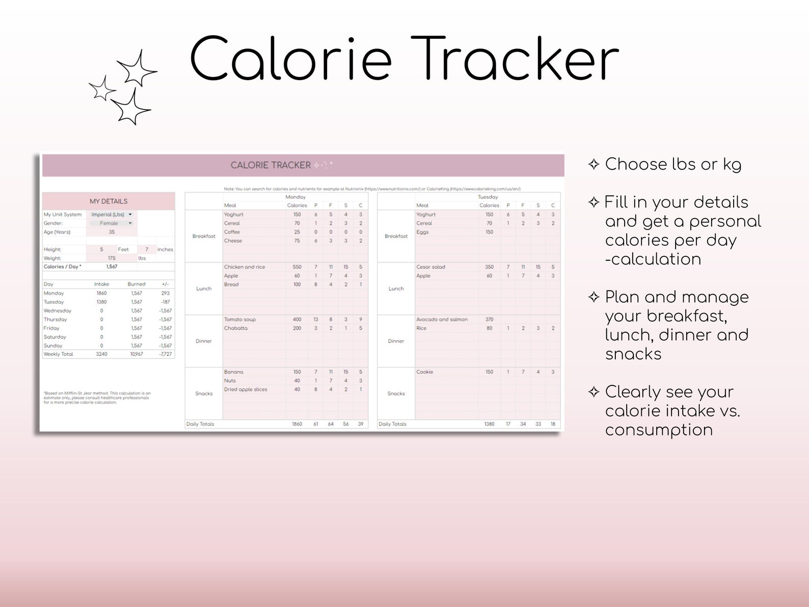 Weight Loss & Fitness Tracker Google Sheets Calorie - Etsy Canada