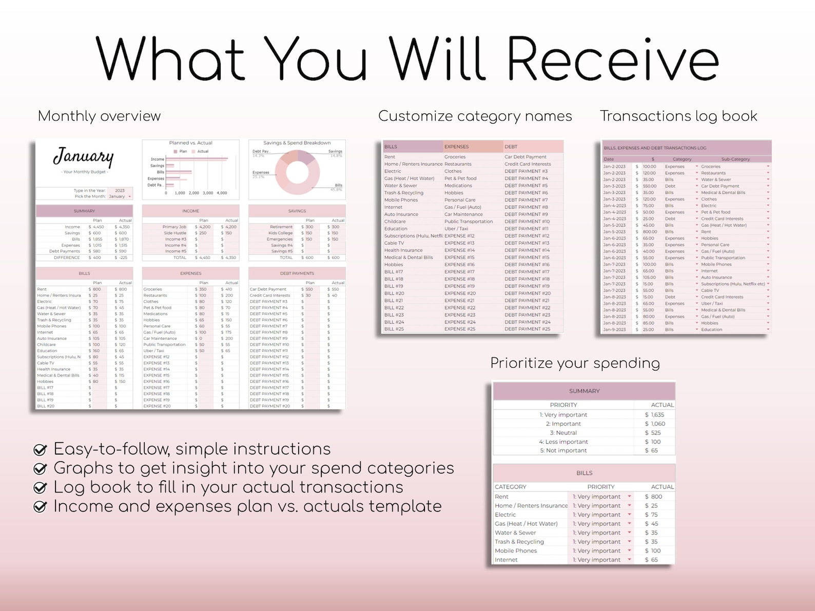 Monthly Budget Spreadsheet Blush Pink Palette Simple - Etsy