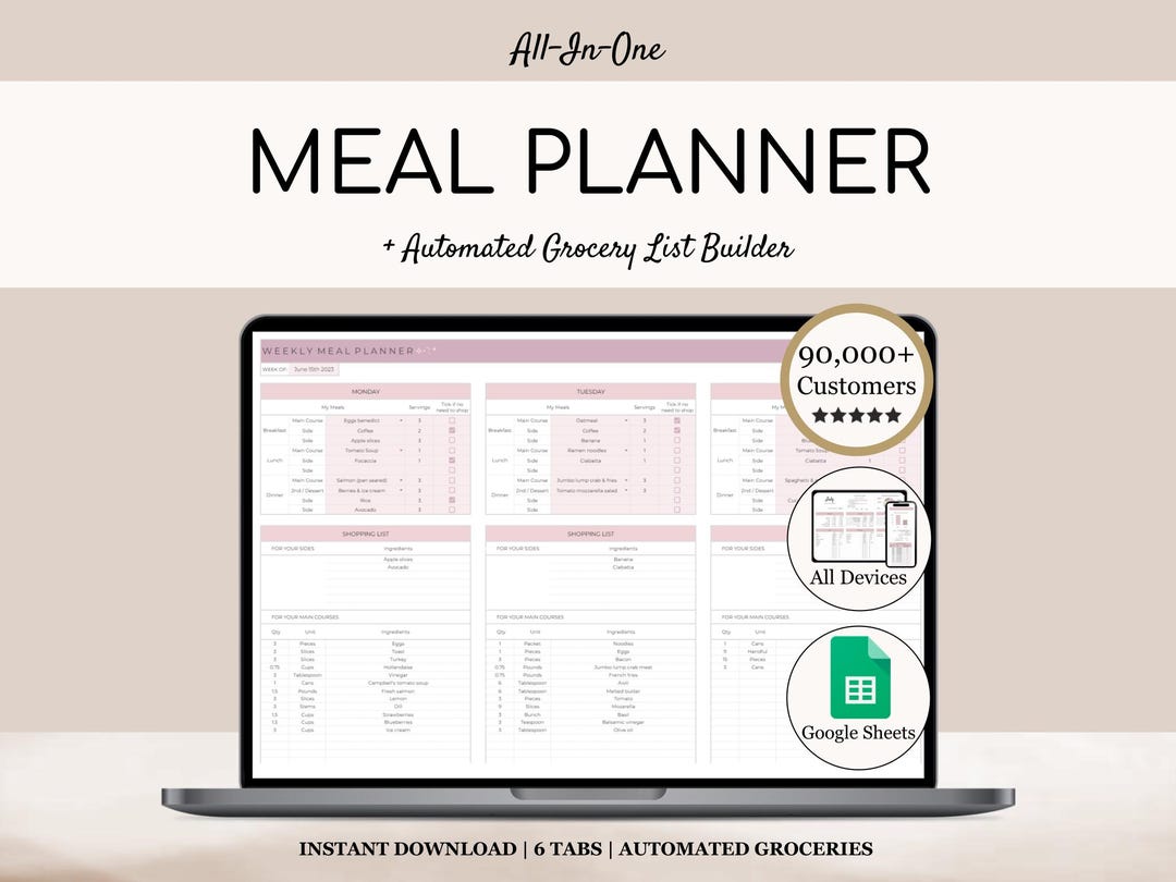 Weekly Meal Planner and Grocery List | Google Sheets Digital Template ...