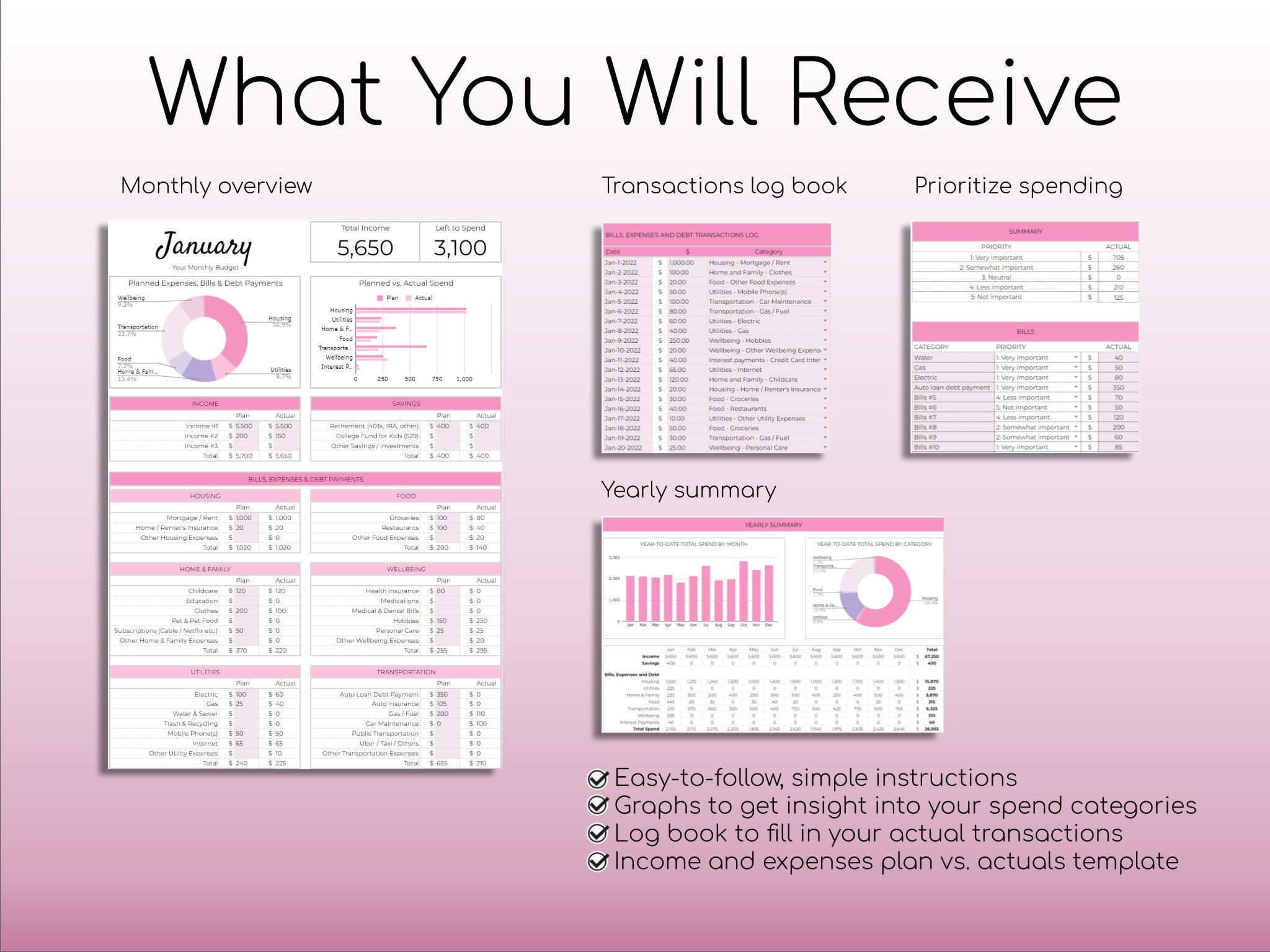 Monthly Budget Spreadsheet | Pink Vibes Palette | Simple Annual Budget ...