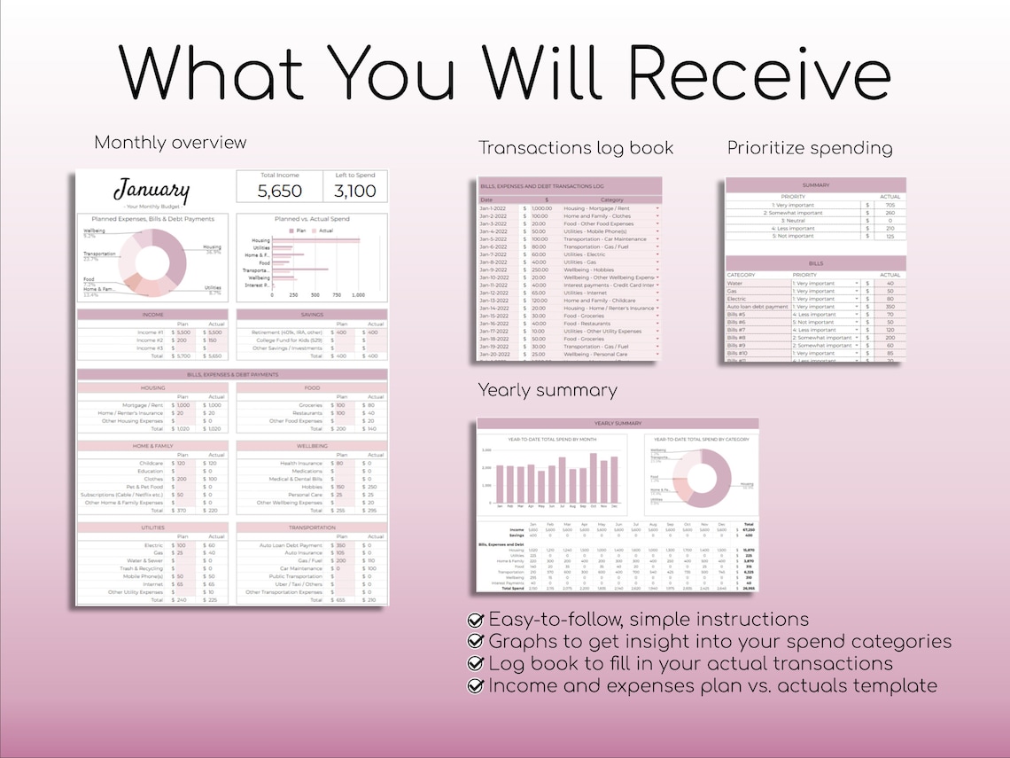 Monthly Budget Spreadsheet Blush Pink Palette Simple - Etsy