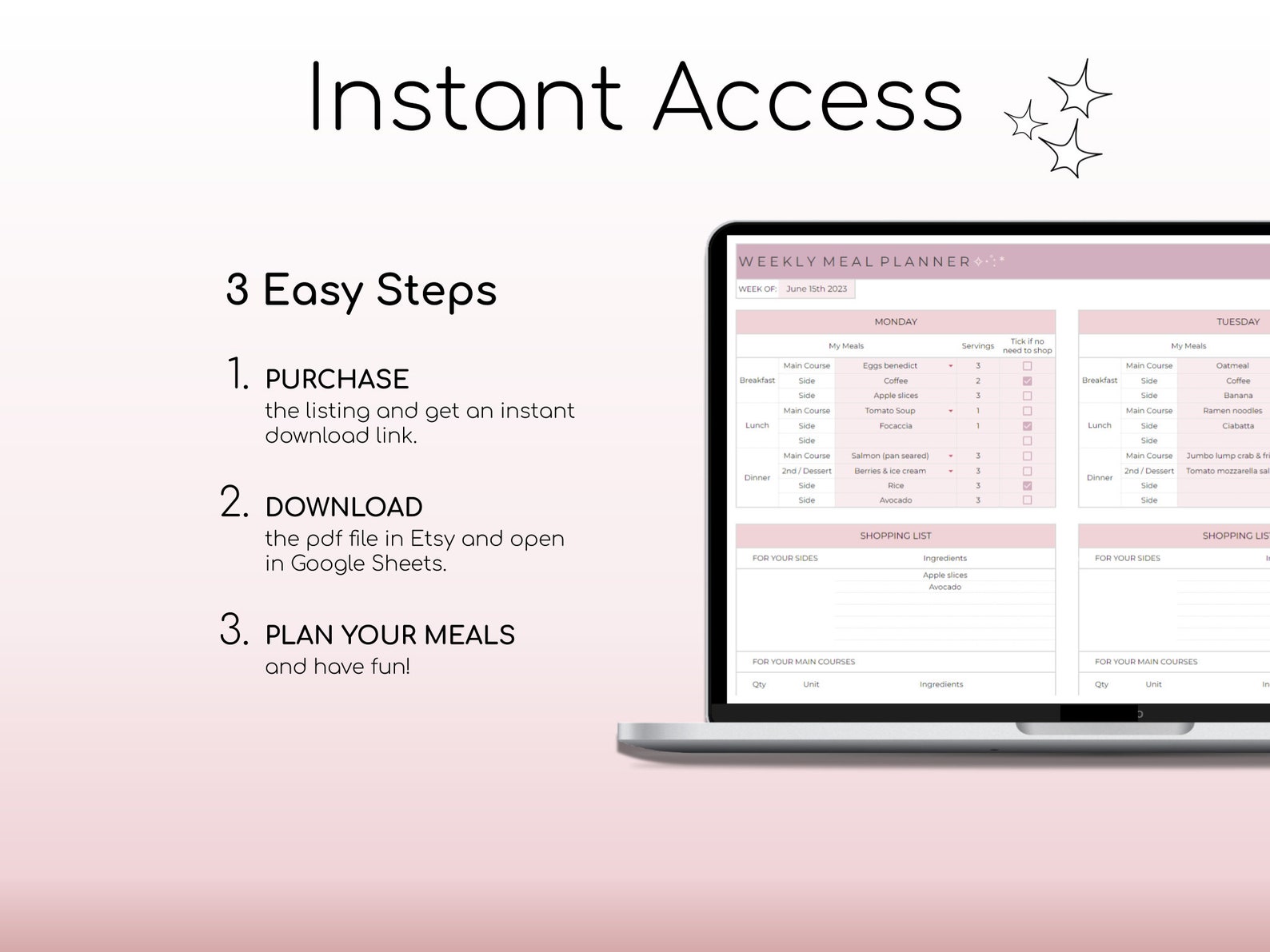 Weekly Meal Planner and Grocery List Google Sheets Digital Template ...