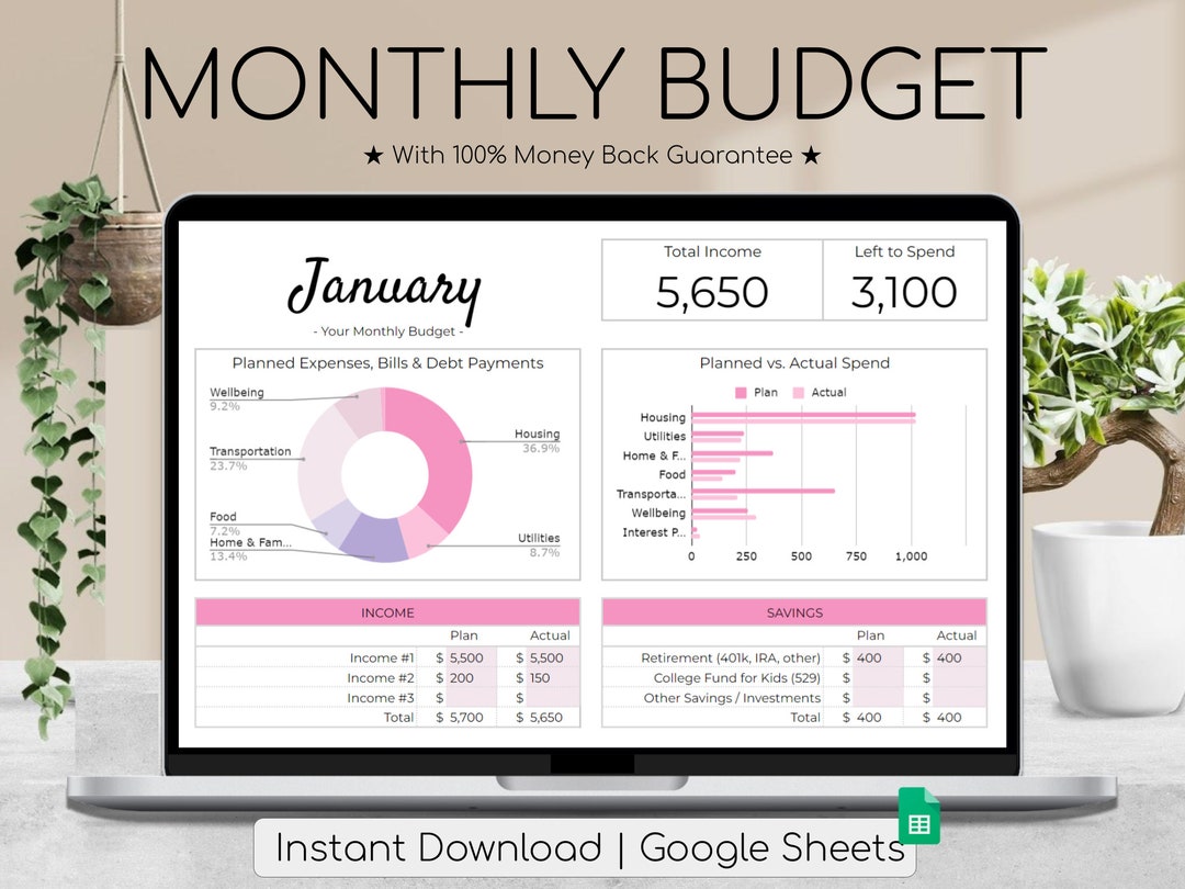 Monthly Budget Spreadsheet | Pink Vibes Palette | Simple Annual Budget ...
