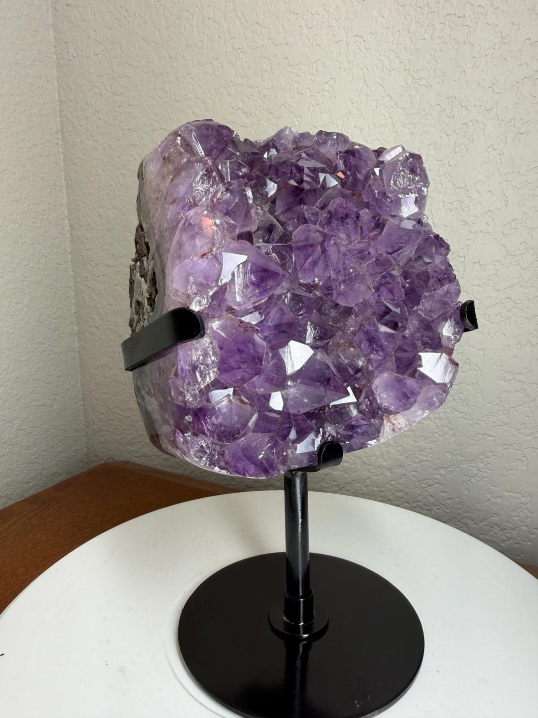 Lustrous Deep Purple Amethyst Cluster on Custom Metal Stand With Sharp ...