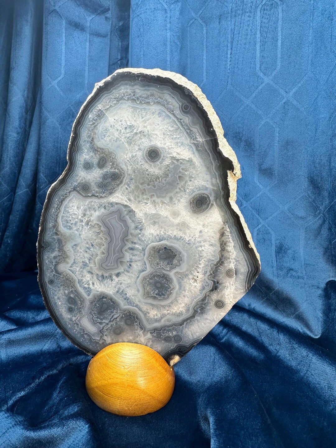 Collector-grade Brazilian Blue & Grey Agate Slice on Stand UV Reactive ...
