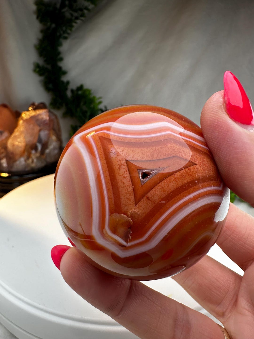 Polished Carnelian Banded Agate Sphere: Bullseye Eyes, Crystal Pocket ...