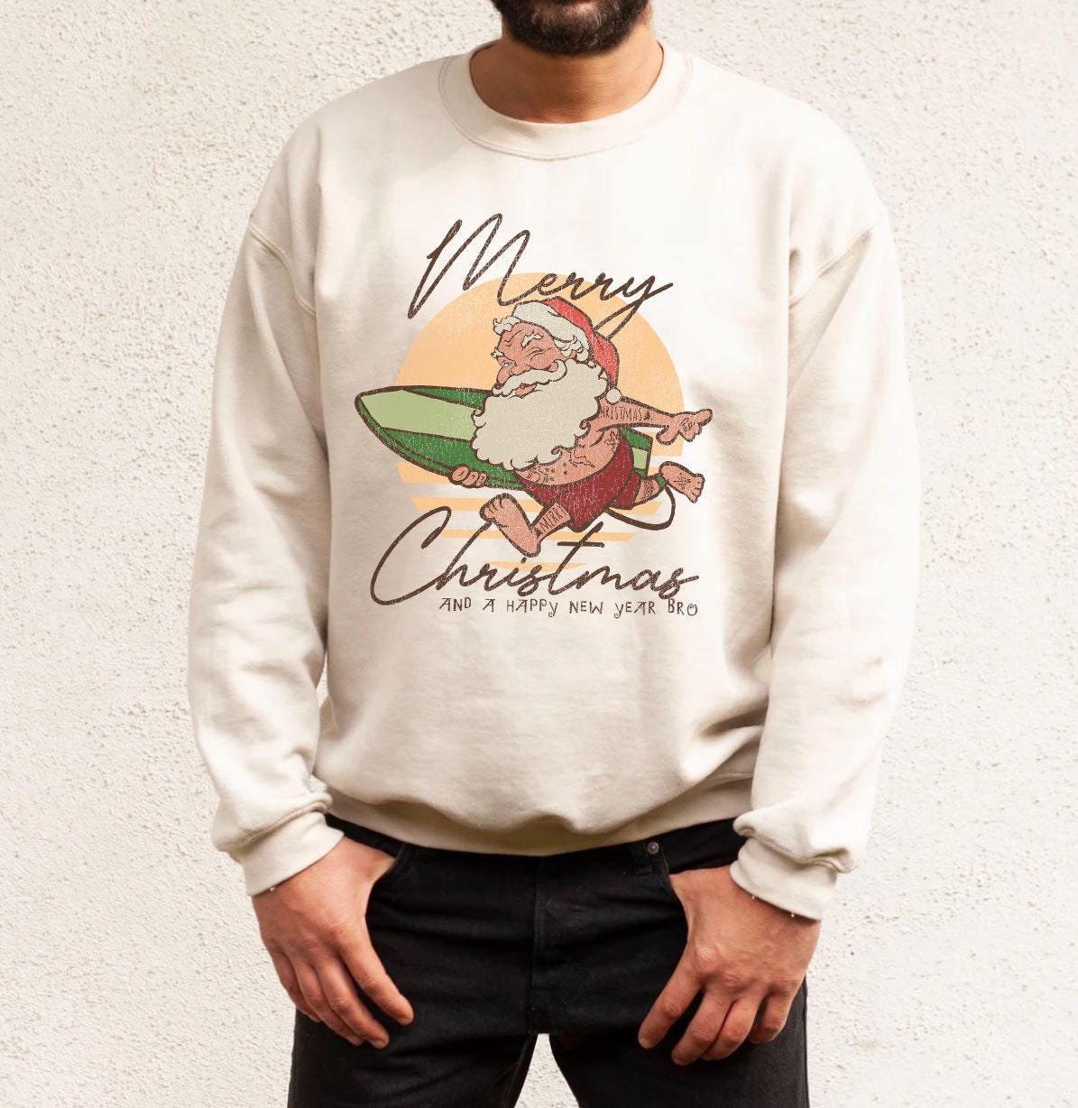 Merry Christmas Bro Sweater Surfing Santa Tattoo Santa Old Saint Nick ...