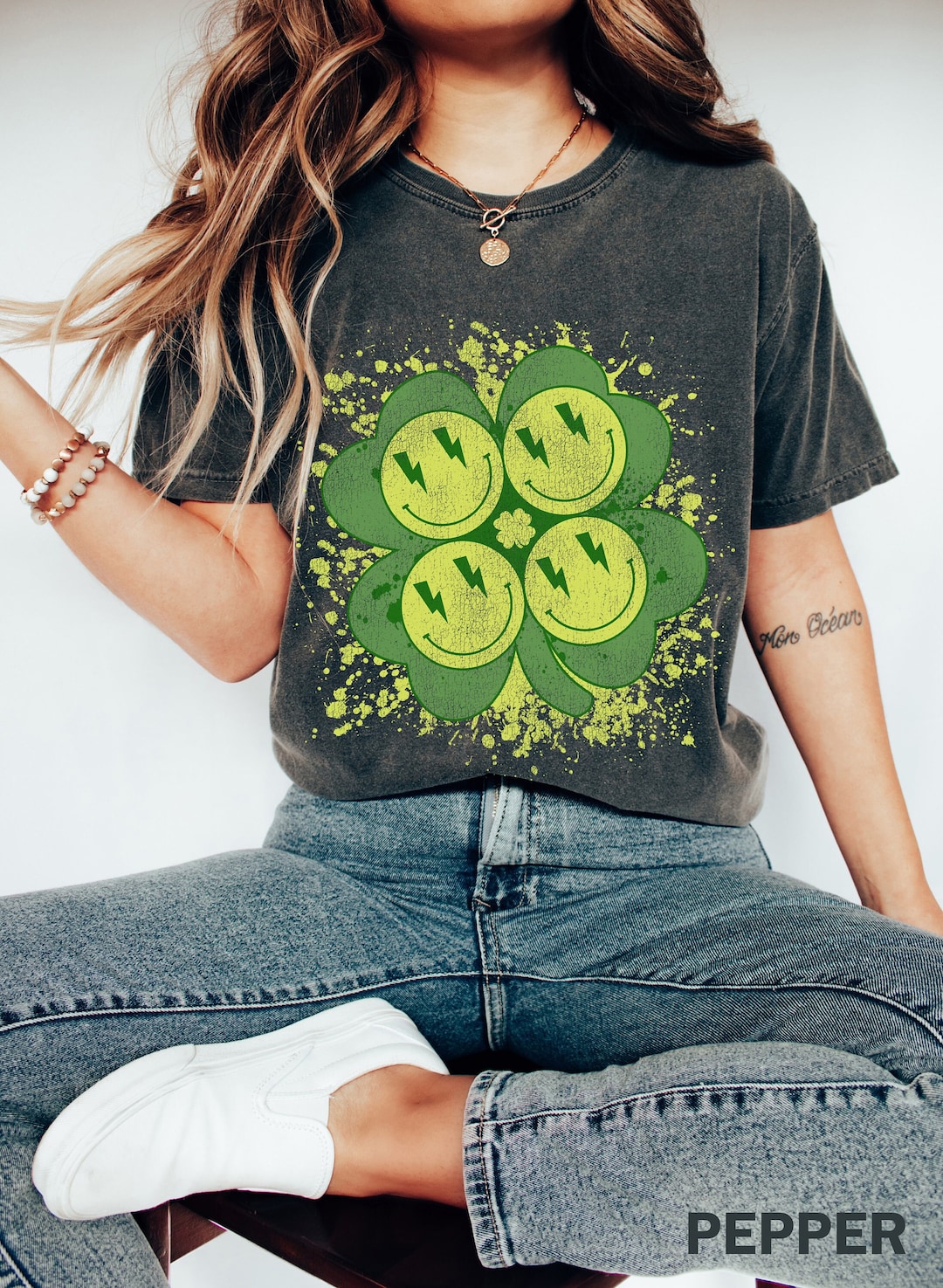 Irish Clover Smiley Faces Retro St. Patricks Day Lightning Bolt Unisex ...