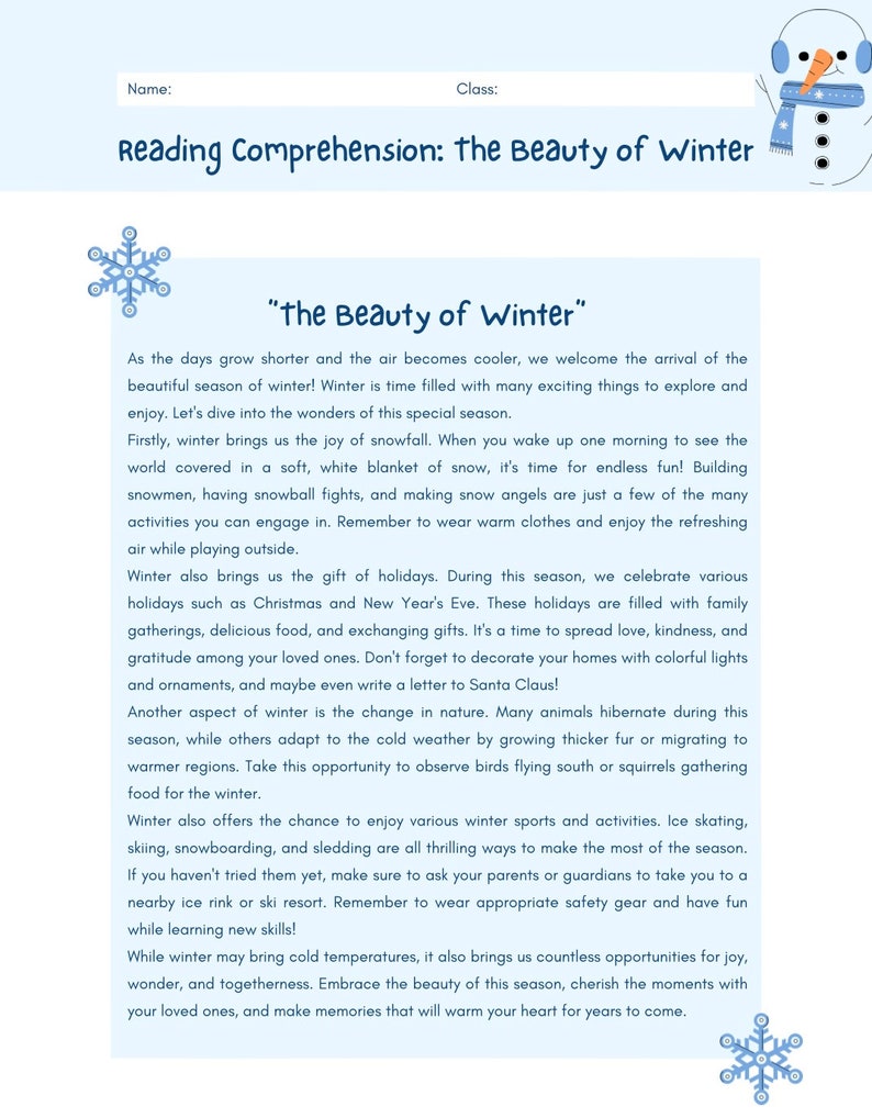 Beauty of Winter Reading Comprehension - Etsy