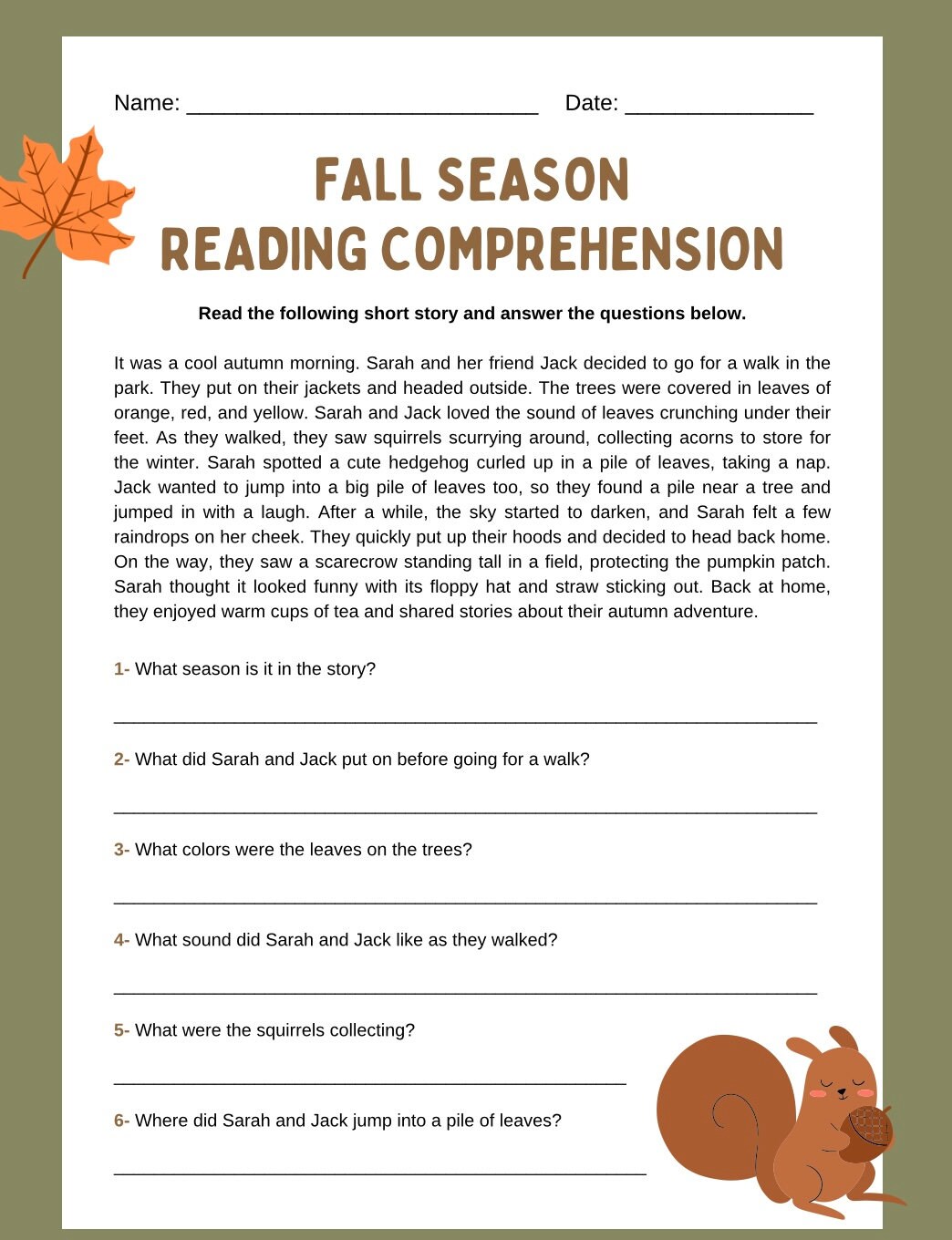 Fall Season Reading Comprehension - Etsy