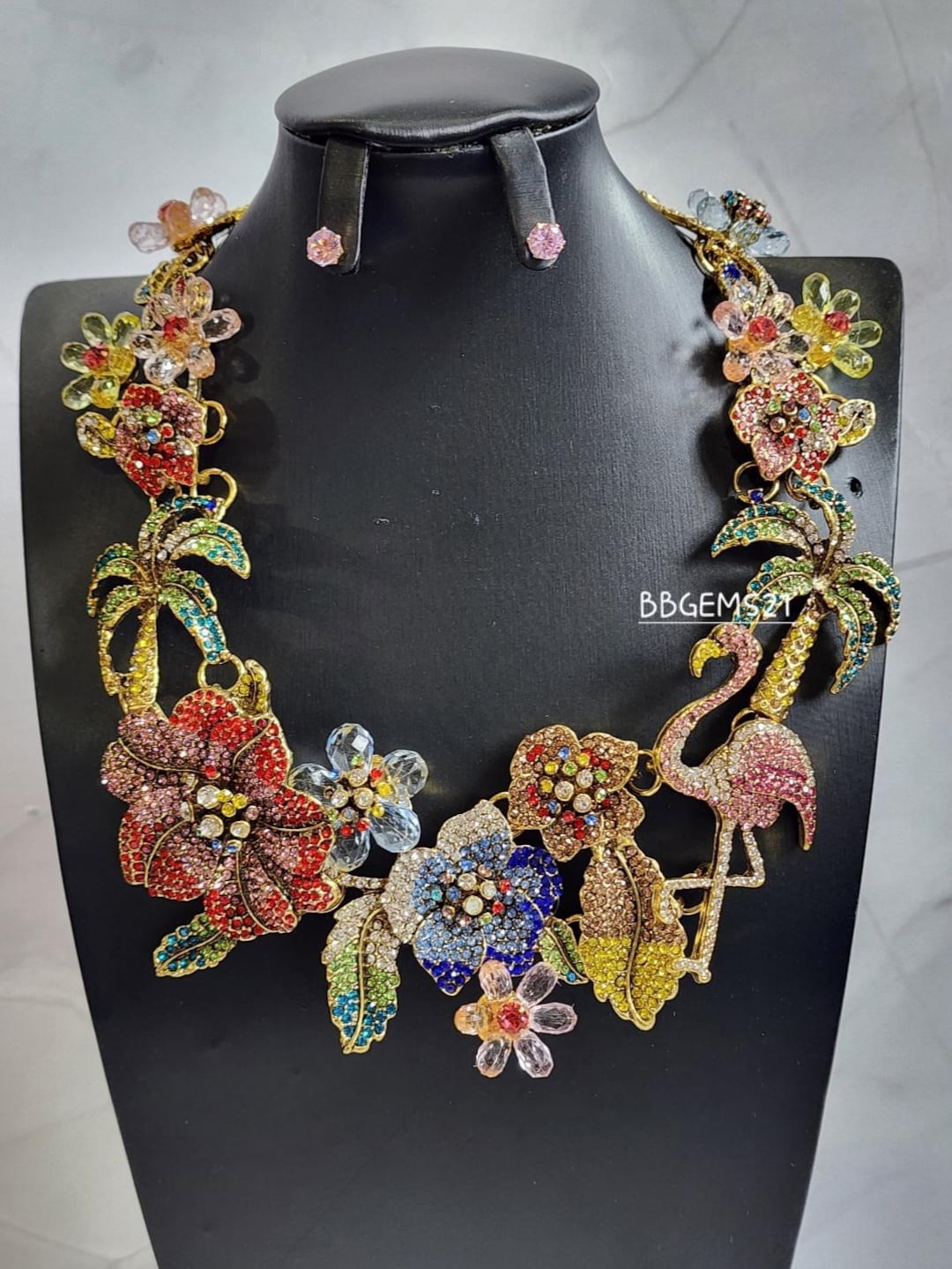 Floral Flamingo Statement Rhinestone Necklace Set/ Costume Jewelry ...