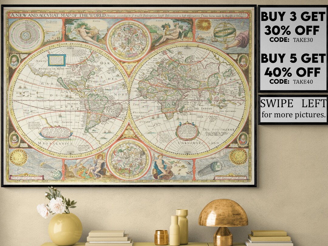 World Map Historic Old World Map 1626 Old Antique BOHO Map Decor Style ...