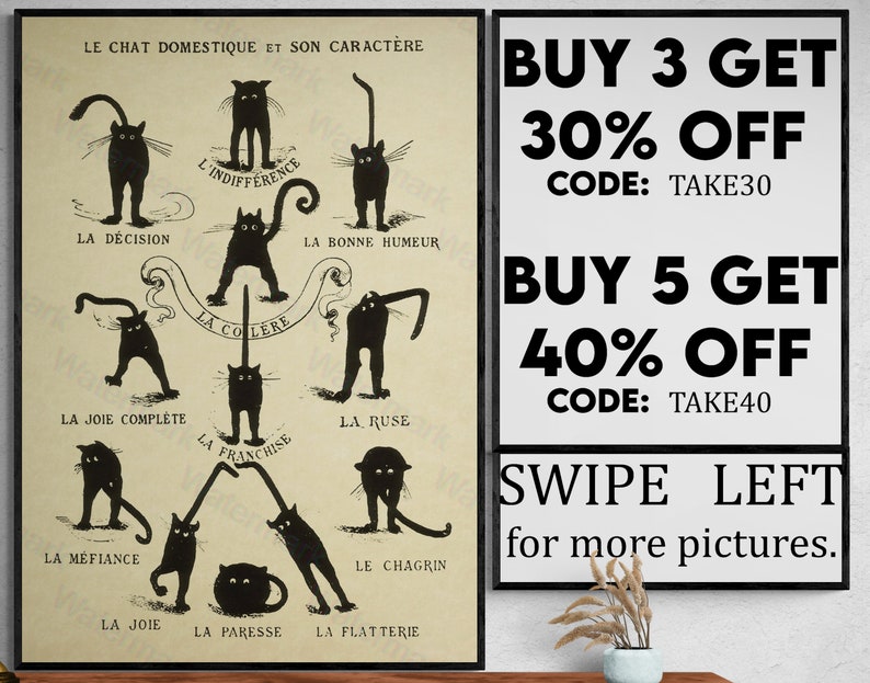 Le Chat Domestique French Cats Print Vintage Cat Wall Print - Etsy